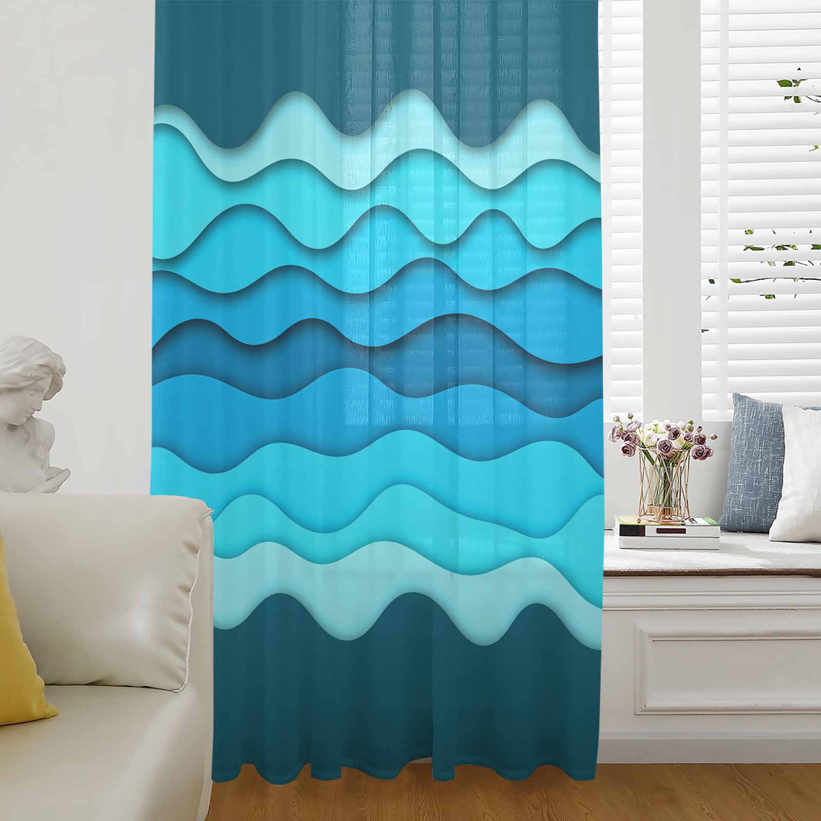 Coastal Blue Wave Semi Sheer Curtains Drapes for Living Room,Bedroom ...