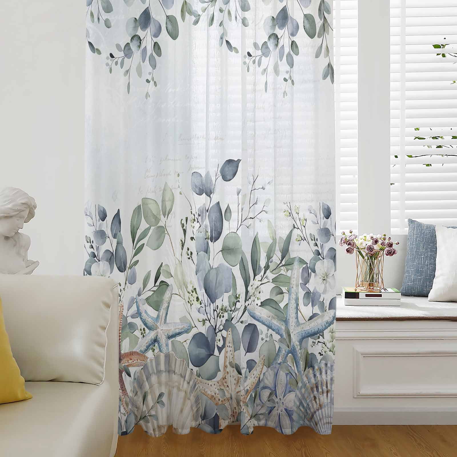 Coastal Blue Window Curtain 84 Inches Long,Starfish Eucalyptus Ocean ...