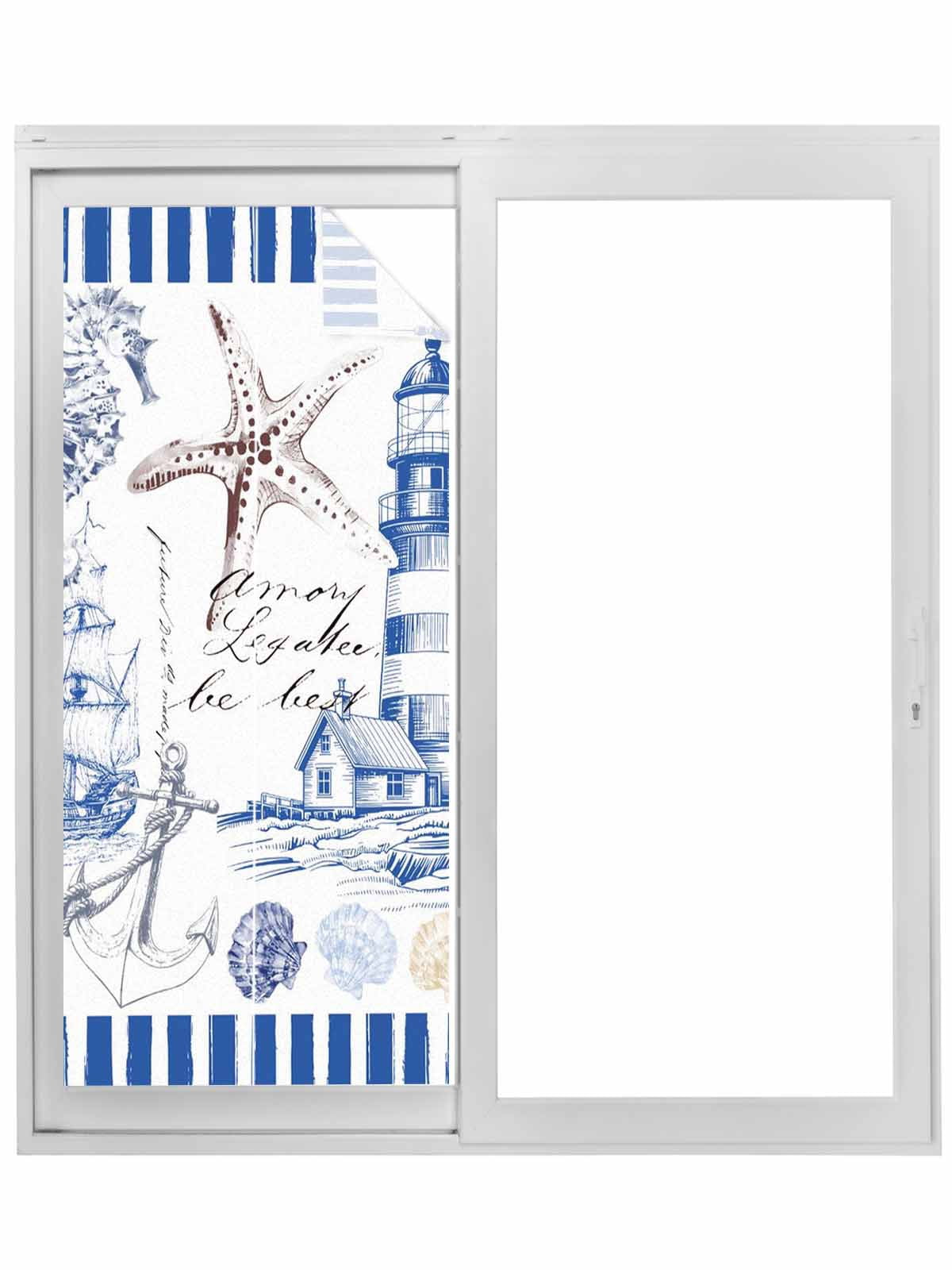 Coastal Blue Window Privacy Film, Ocean Nautical Lighthouse Starfish ...