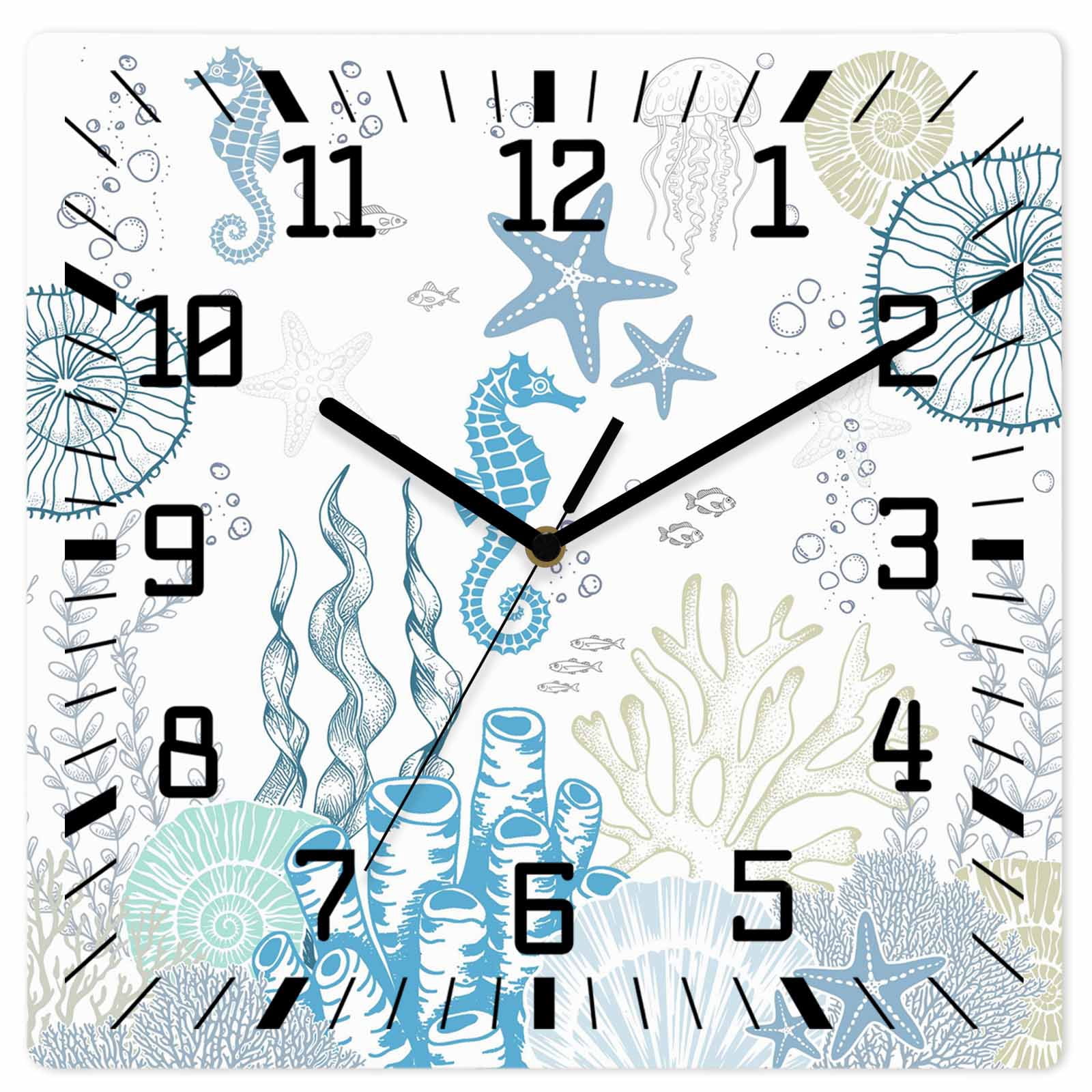 Coastal Blue Wooden Wall Clock Silent Non Ticking, Ocean Coral Starfish ...