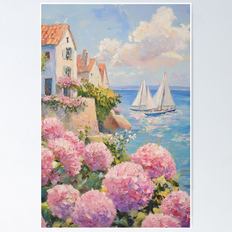 Coastal Blue and Pink Hydrangea Flowers on Italian Beach Ocean with ...