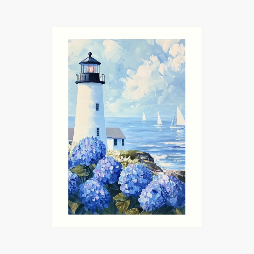 Coastal Blue and White Hydrangea Flowers on Ocean Beach with Sailboats ...