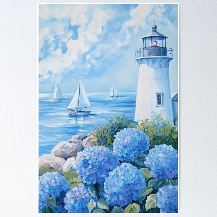 Coastal Blue and White Hydrangea Flowers on Ocean Beach with Sailboats ...