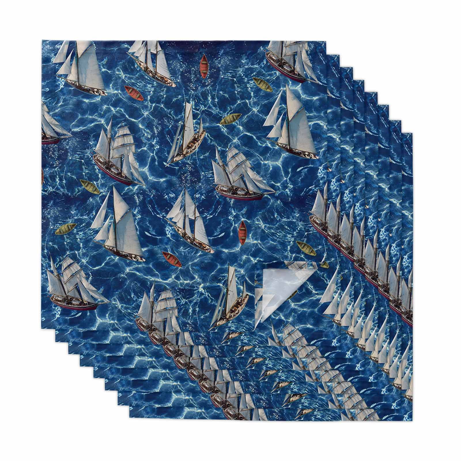 Coastal Boat Ocean Cloth Napkins, Coastal Sea Waves Summer Washable and ...