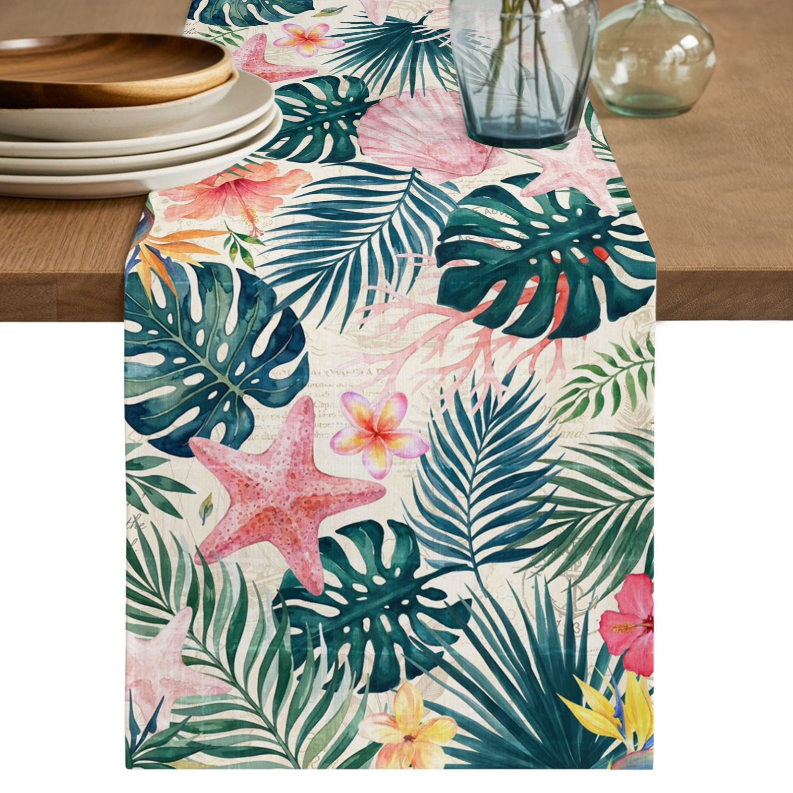 Coastal Botanical Table Runner 70 Inches Long,Palm Leaves Beach ...