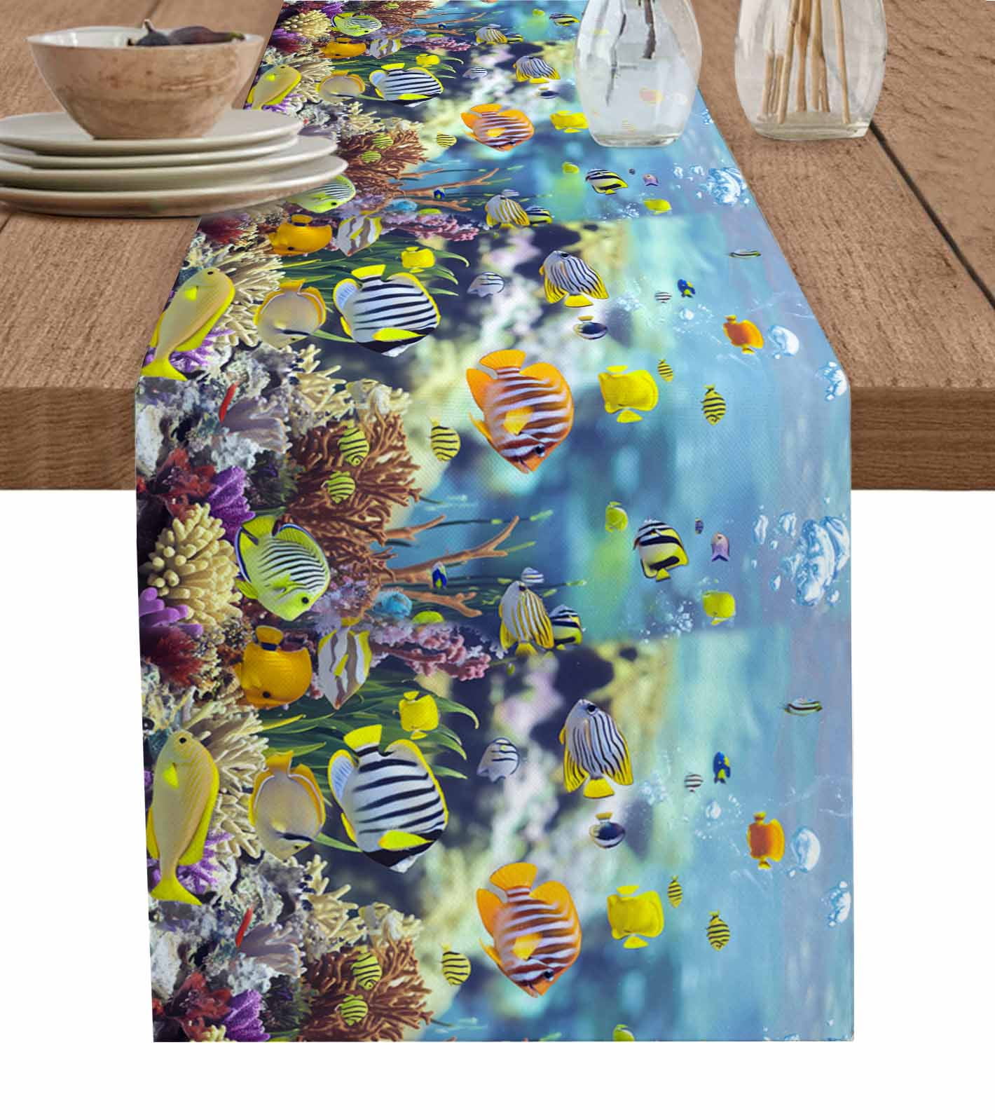 Coastal Burlap Cotton Table Runner 13x108 Inches Long, Fish Nautical ...