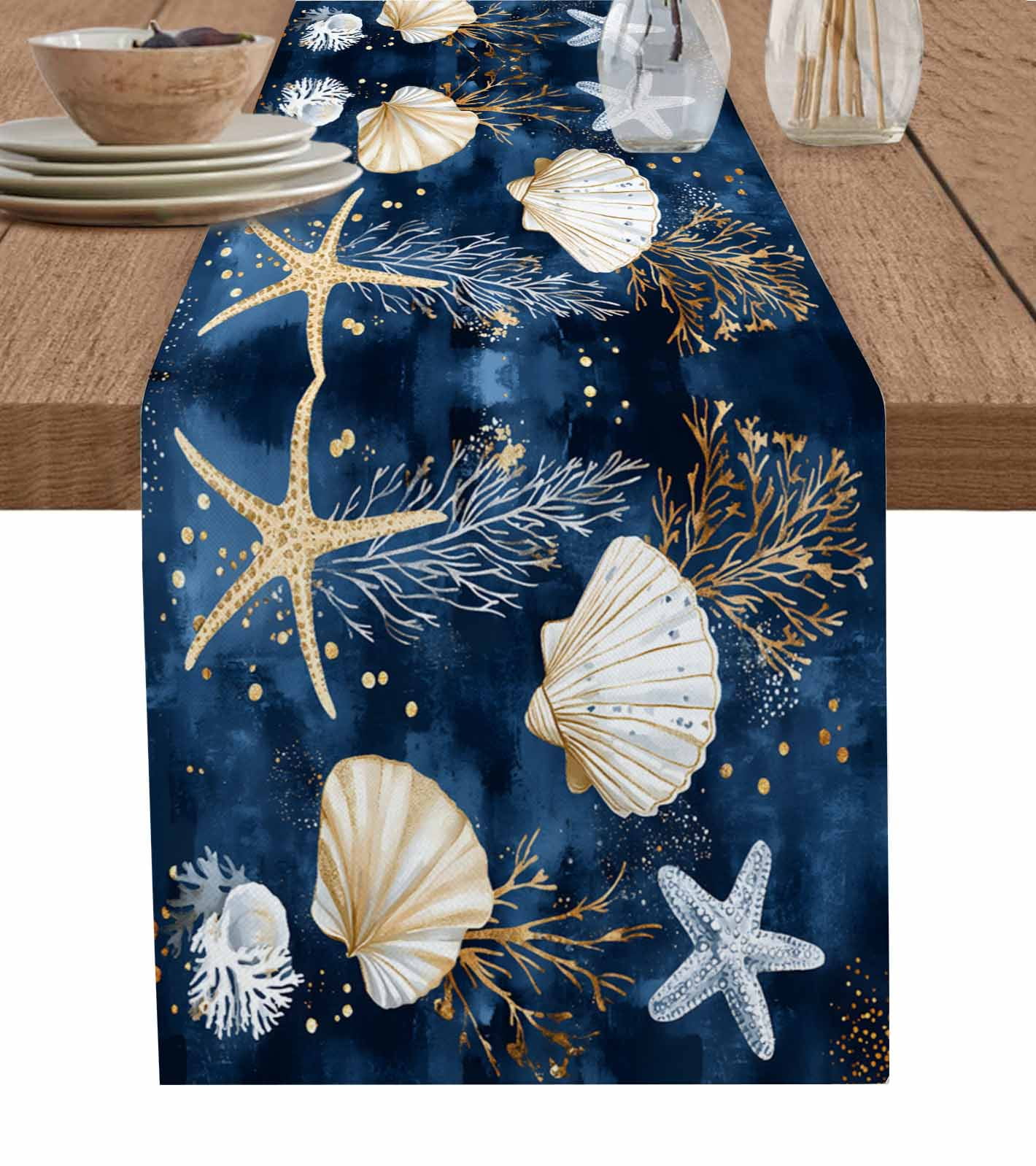 Coastal Burlap Cotton Table Runner 13x60 Inches Long, Summer Beach ...