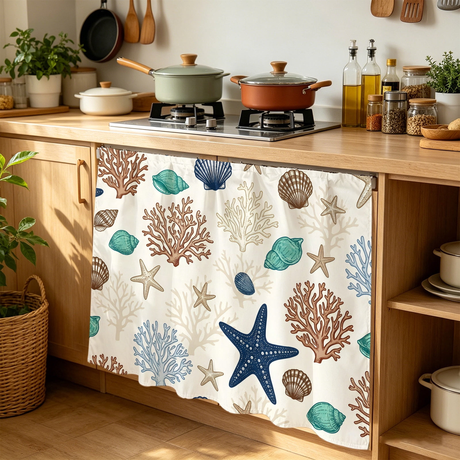 Coastal Cabinet Curtains for Kitchen 35"W x 35"L, Starfish Seashell ...