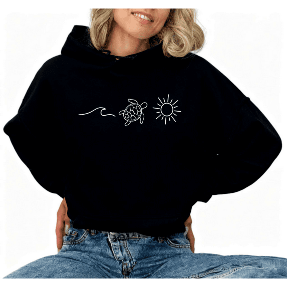 Coastal Casual Turtle Wave Graphic Sweatshirt Print Hoodie Black S-2XL ...
