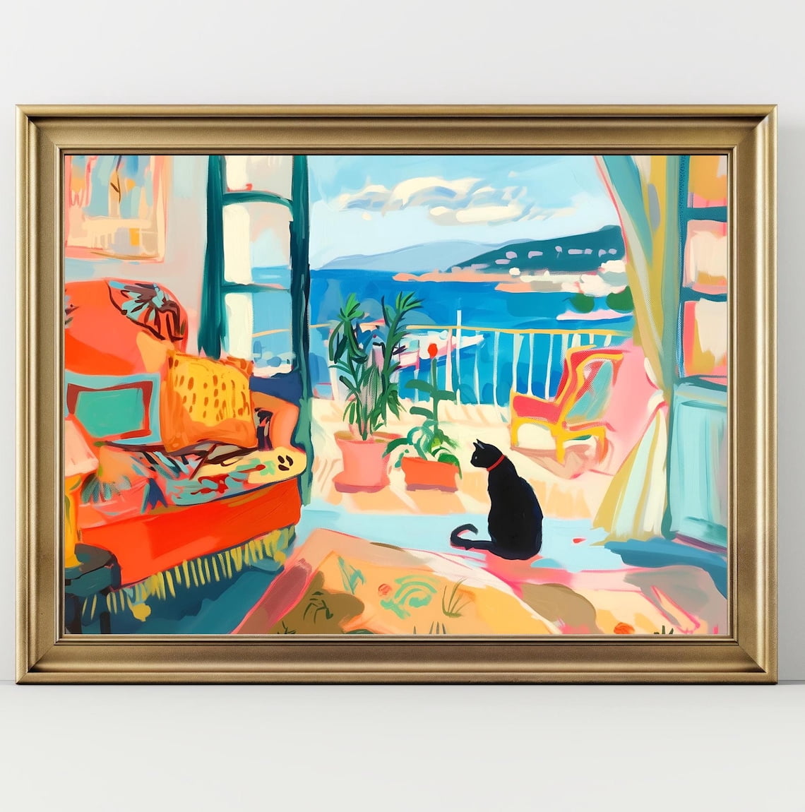 Coastal Cat Ocean View Art, Henri Matisse Style Home Decor, Cat Lover ...