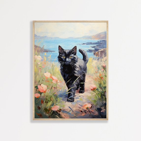 Coastal Cat Painting Retro Wall Art Print Black Cat Wall Decor Vintage ...