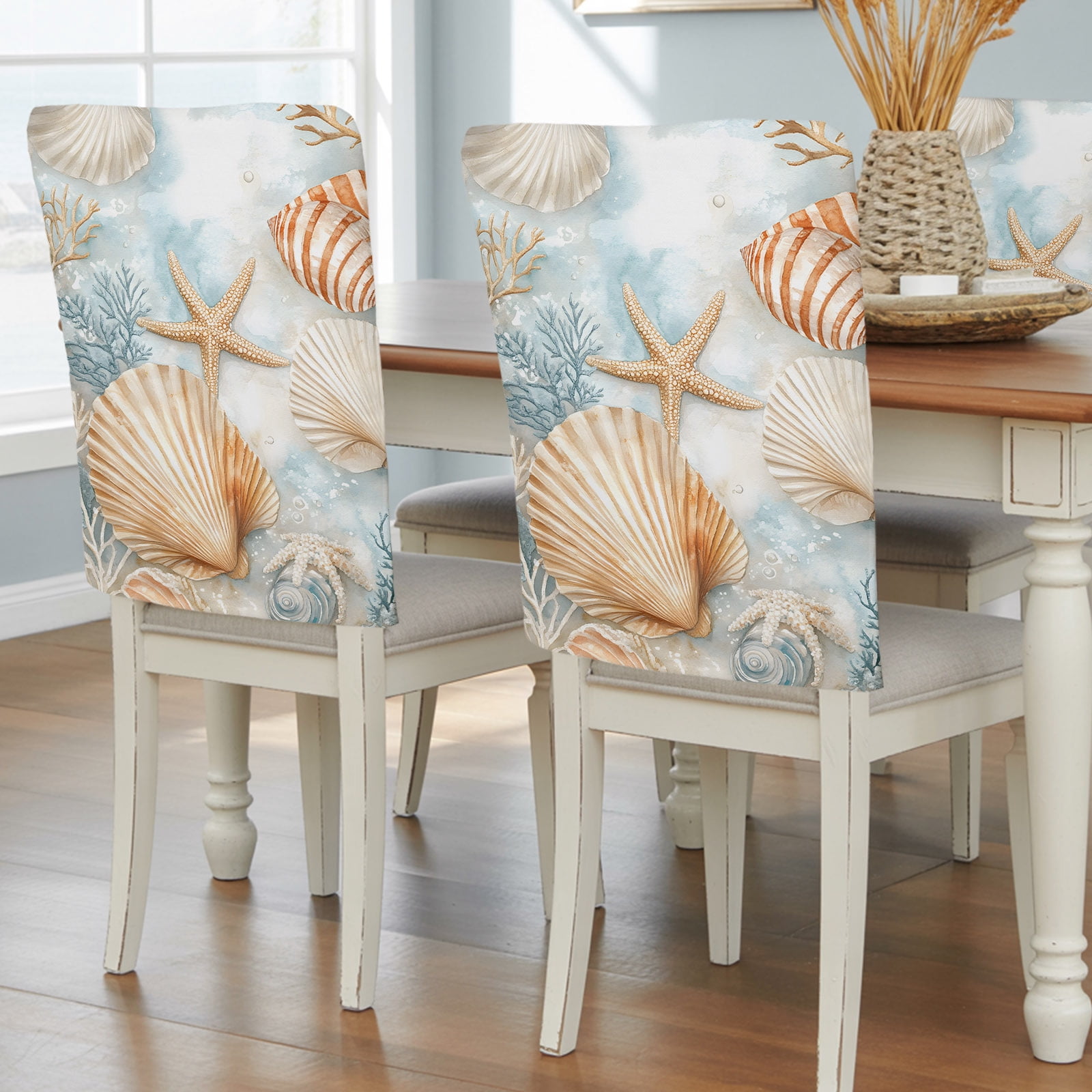 Coastal Chair Back Covers, Nautical Beach Shell Starfish Coral Ocean ...
