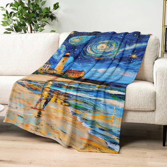 Coastal Charm Soft Flannel Throw Blanket - Abstract Beach & Lighthouse ...