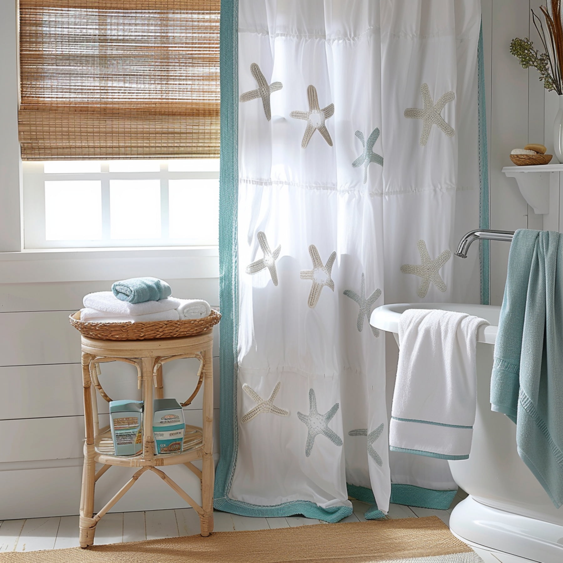 Coastal Charm: Starfish Embroidered Shower Curtain Set with Turquoise ...