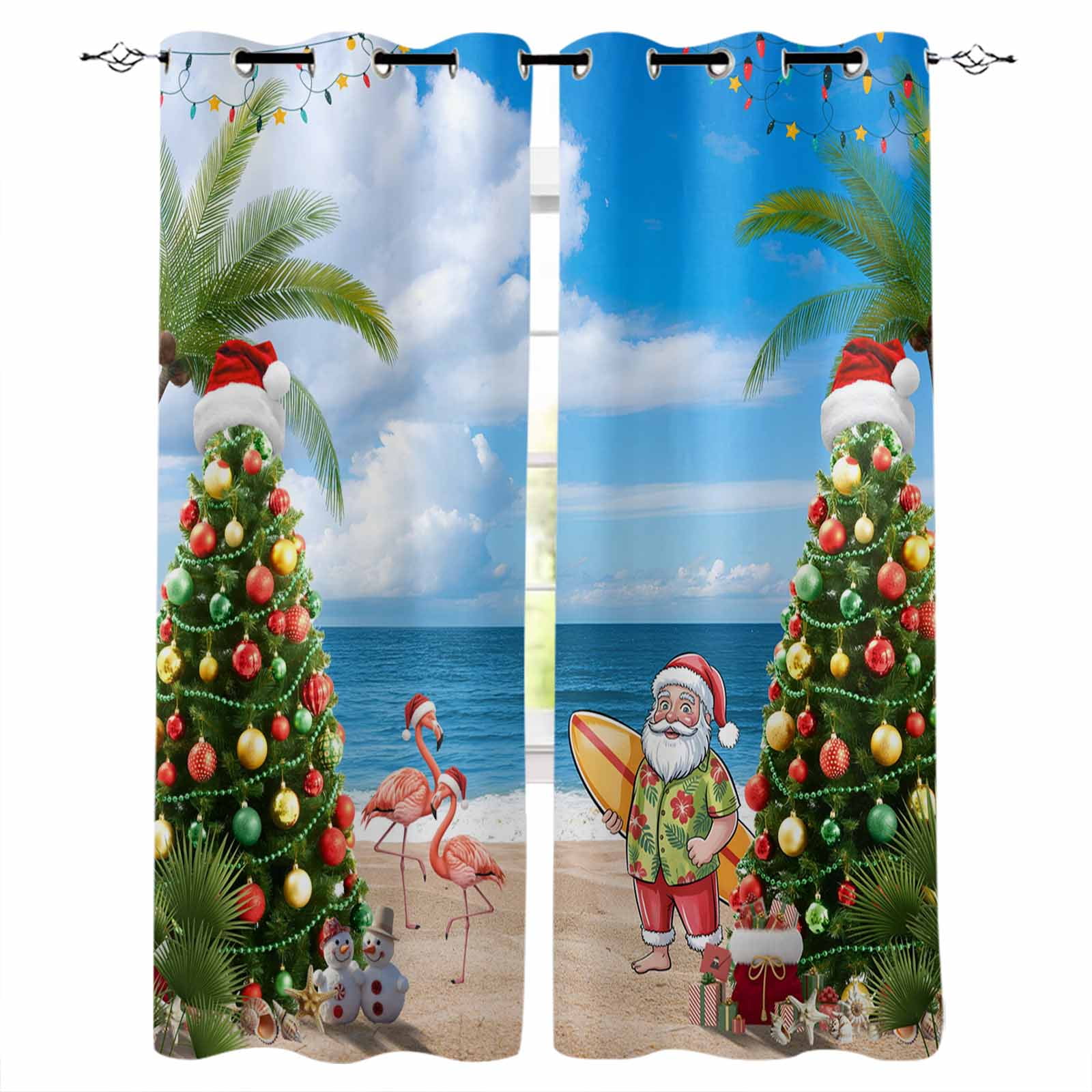 Coastal Christmas Blackout Curtains 63 Inches Long, Xmas Santa Tree ...