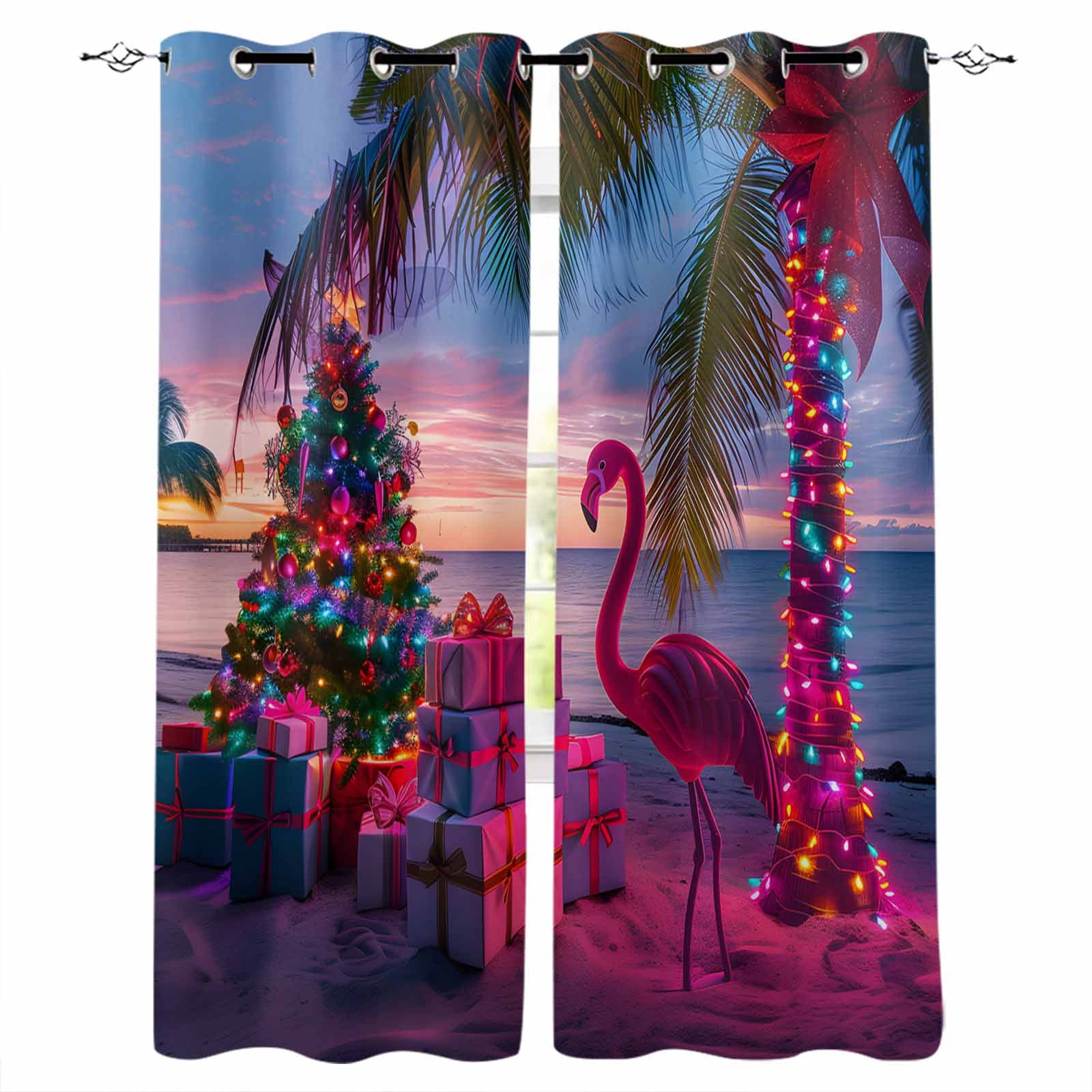 Coastal Christmas Blackout Curtains 96 Inches Long, Flamingo Xmas Palm ...
