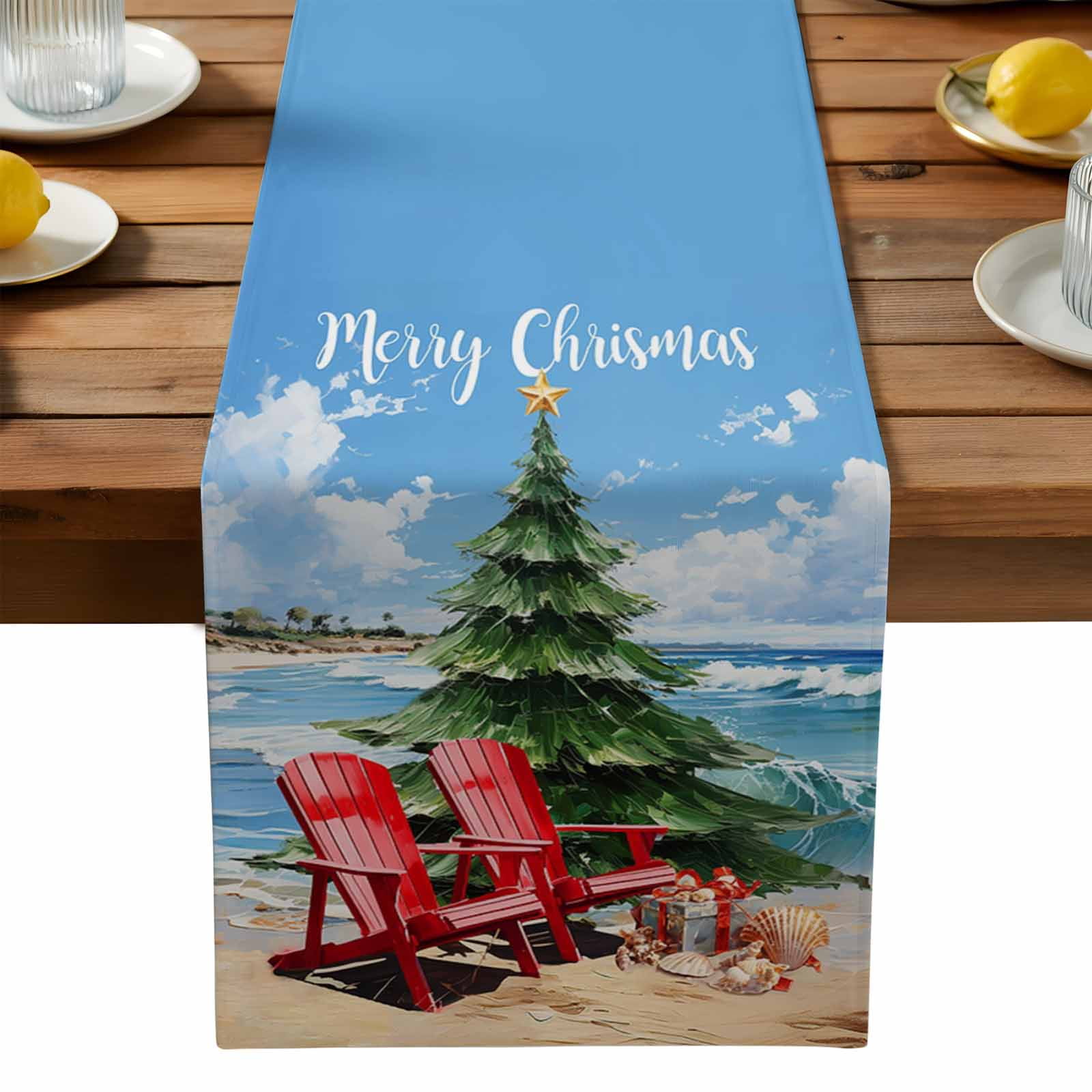 Coastal Christmas Cotton Linen Table Runner for Dining Kitchen, Xmas ...