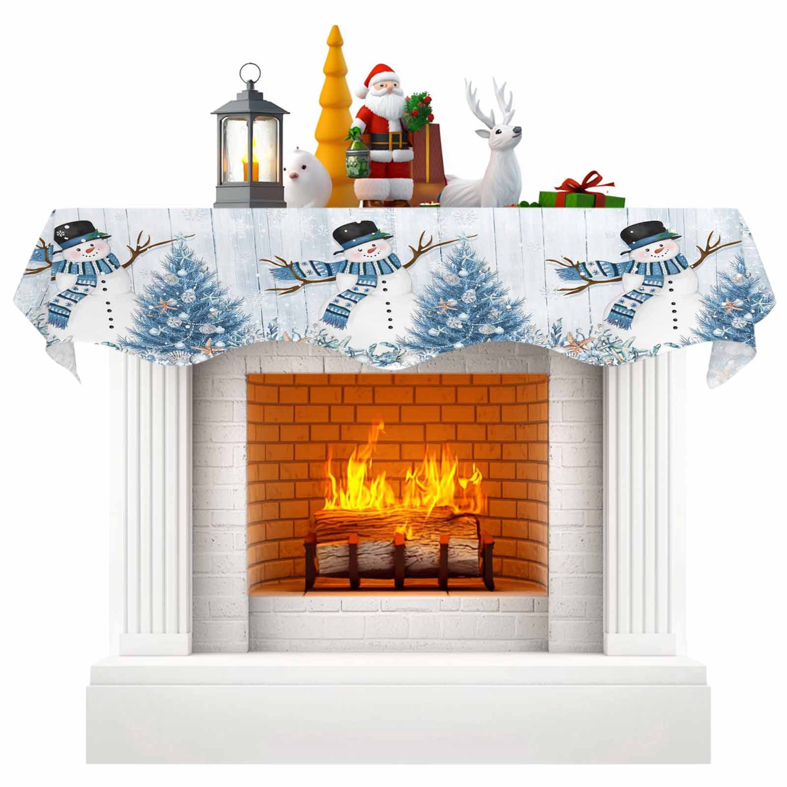 Coastal Christmas Fireplace Mantle Scarf, Beach Coral Snowman Xmas Tree ...