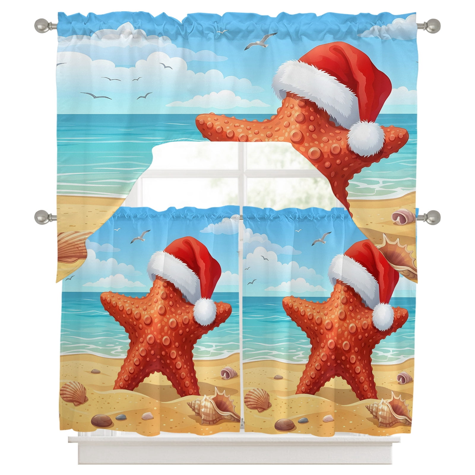 Coastal Christmas Kitchen Curtains Swag Valance and Tier Curtains Set ...