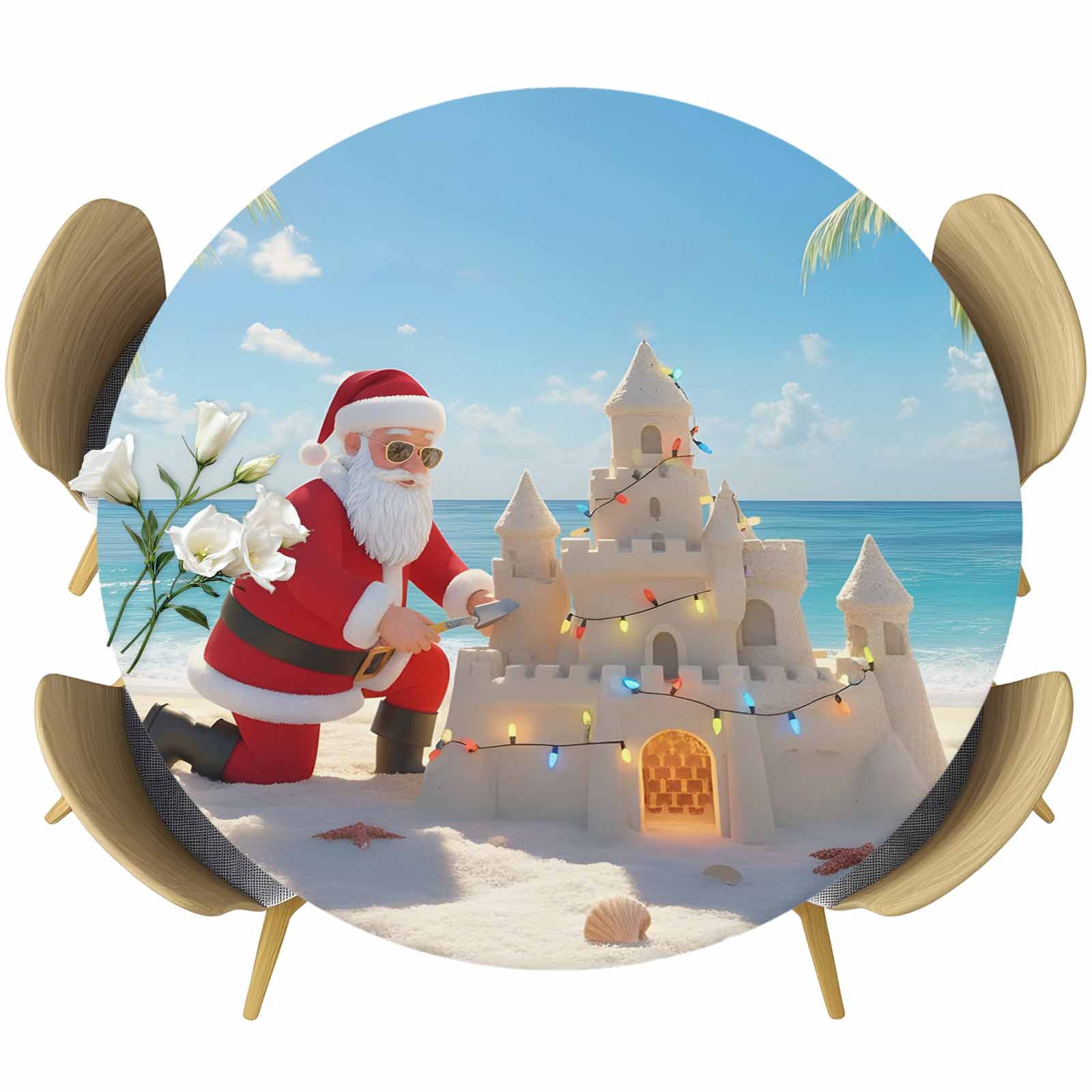 Coastal Christmas Round Tablecloth, Fitted Table Cover with Elastic for ...
