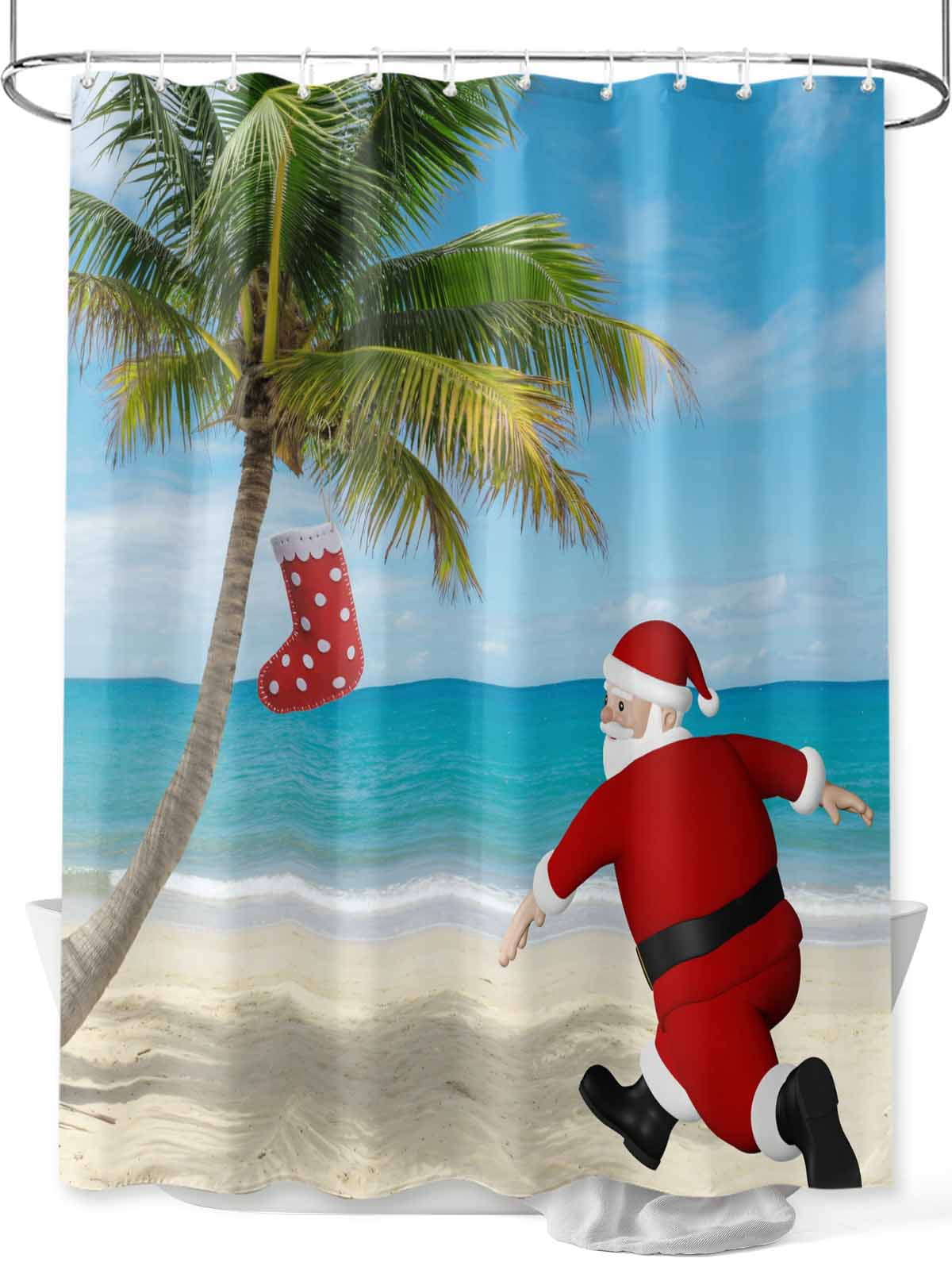 Coastal Christmas Santa Shower Curtain Set ，Waterproof Fabric Shower ...