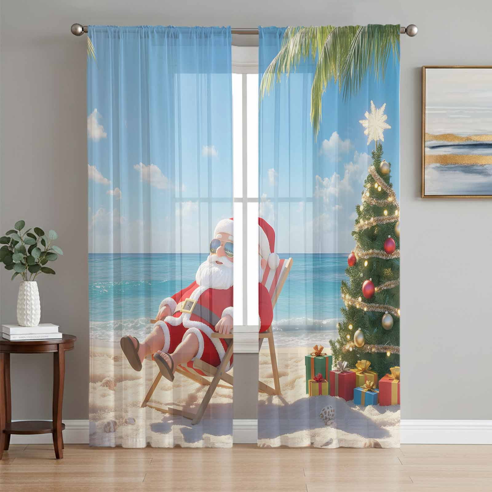 Coastal Christmas Sheer Curtains 63 Inch Length 2 Panels Set, Santa ...