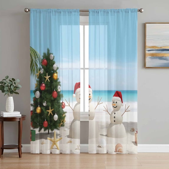 Coastal Christmas Sheer Curtains 84 Inch Length 2 Panels Set, Snowman ...