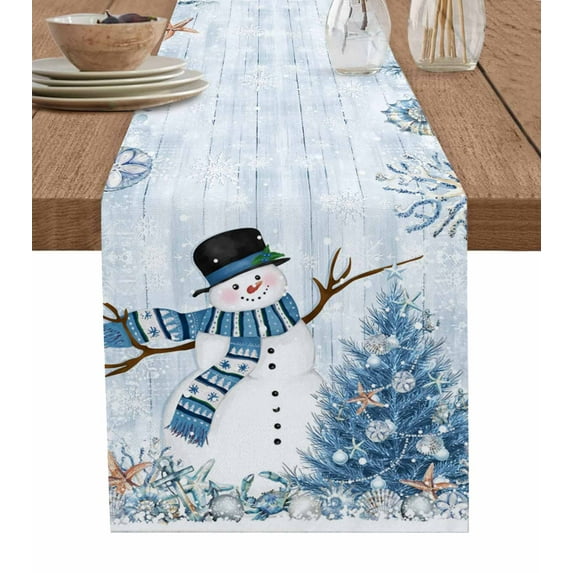 Coastal Christmas Table Runner 90 Inches, Beach Coral Snowman Xmas Tree ...