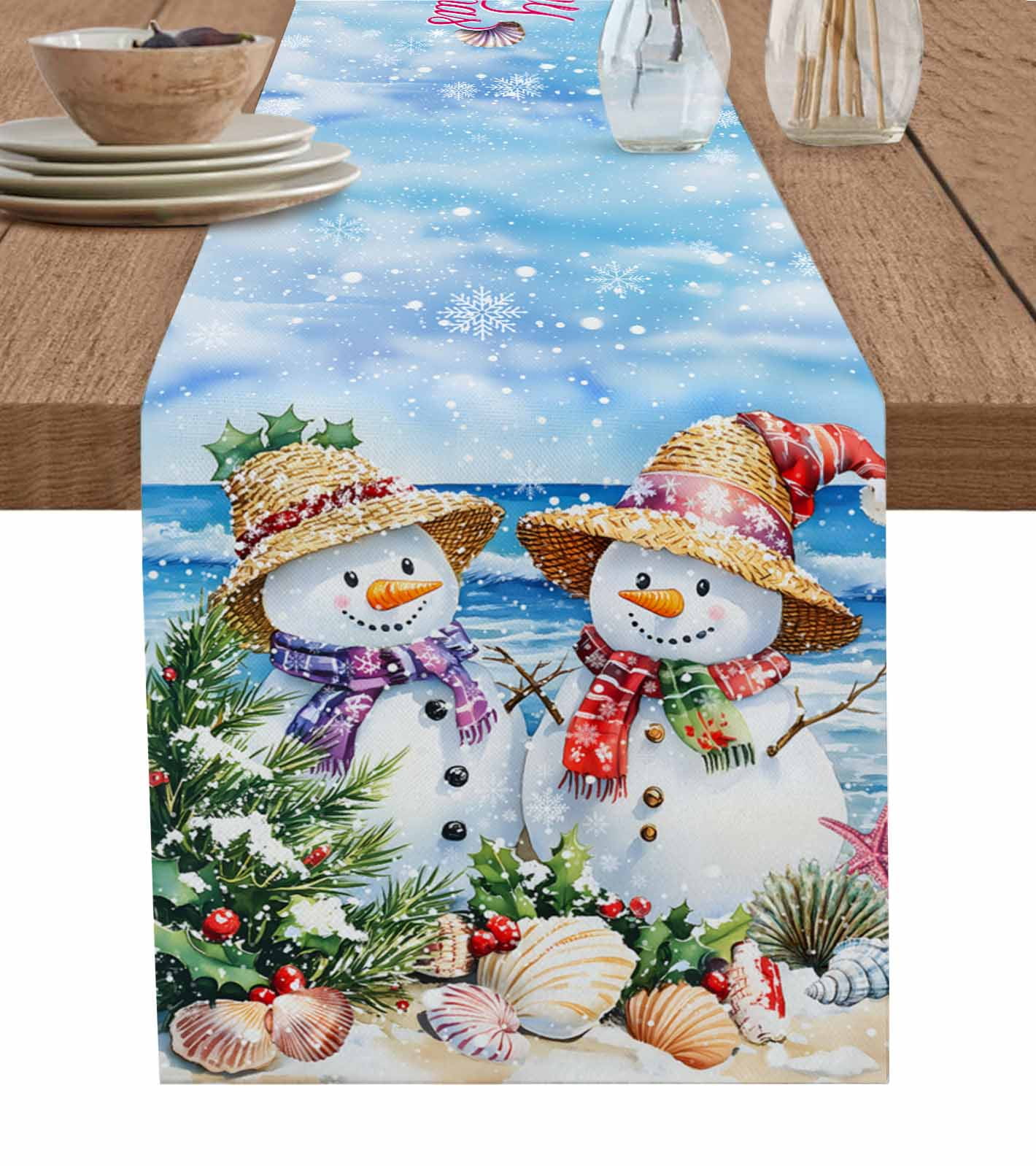 Coastal Christmas Table Runner Beach Snowman Xmas Tree Shell ...