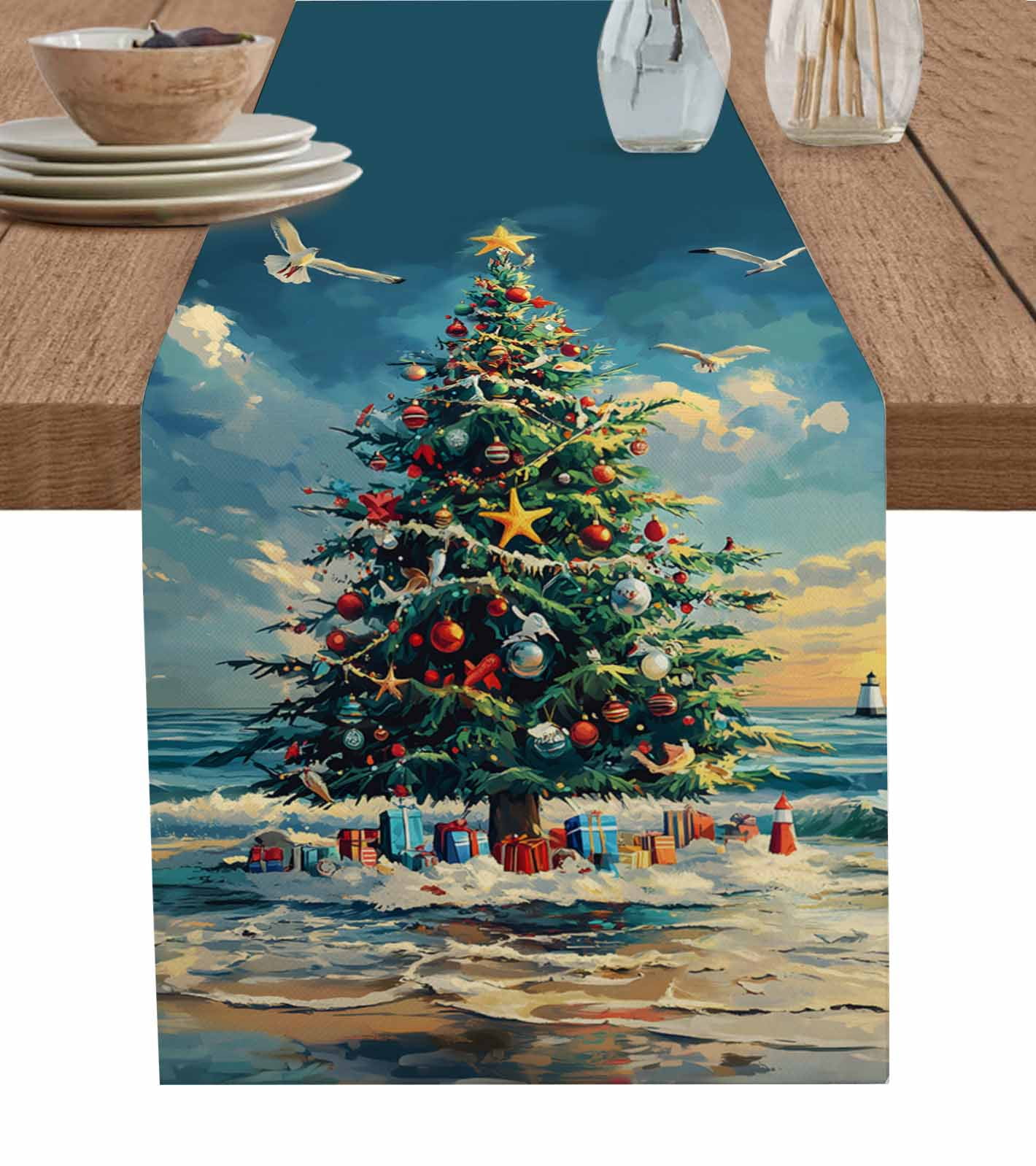 Coastal Christmas Table Runner Christmas Tree Beach Nautical ...