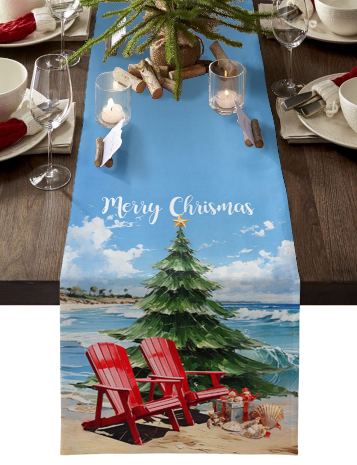 Coastal Christmas Table Runner Xmas Tree Nautical Beach Shell ...