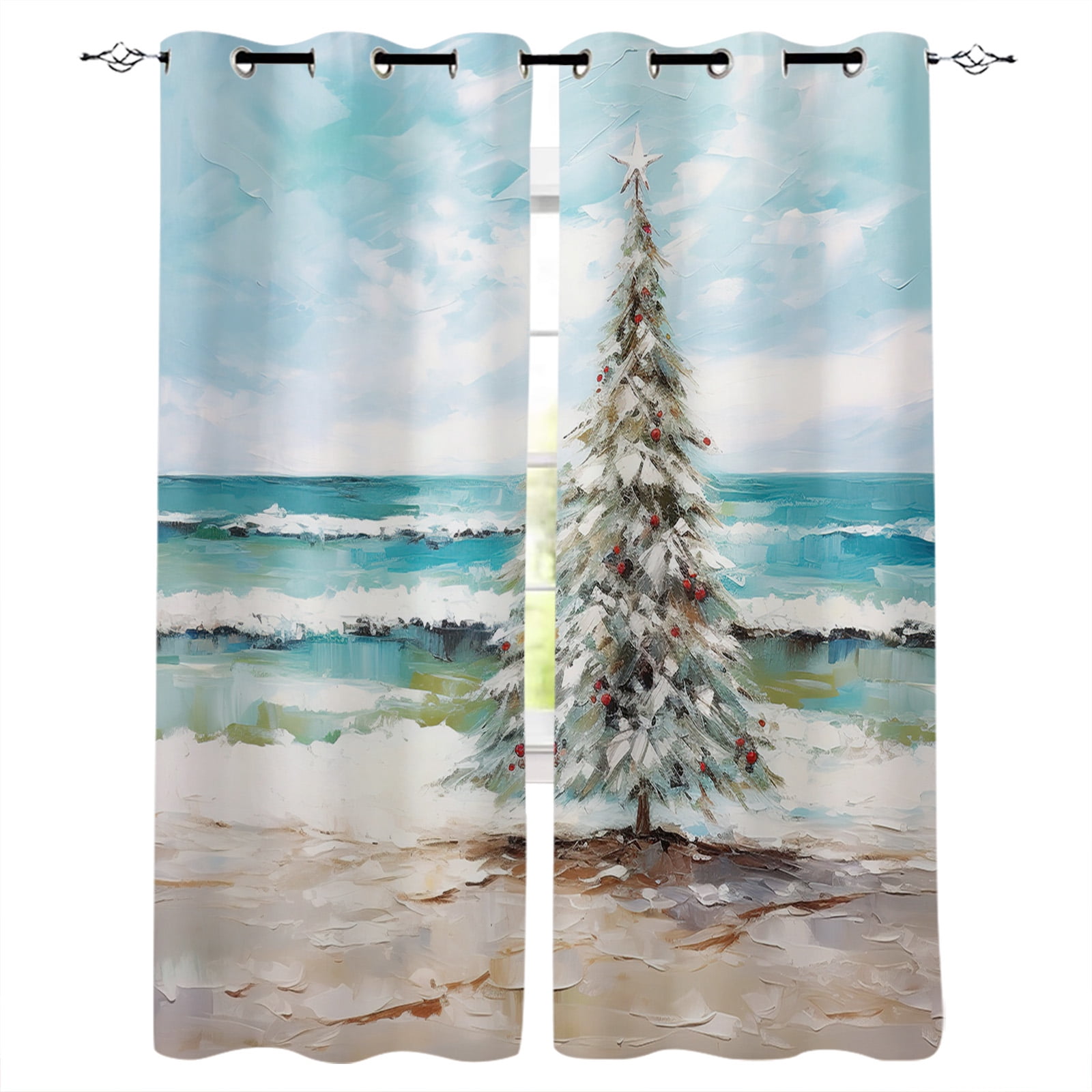 Coastal Christmas Tree Blackout Curtains 63 Inches Long, Modern Oil ...
