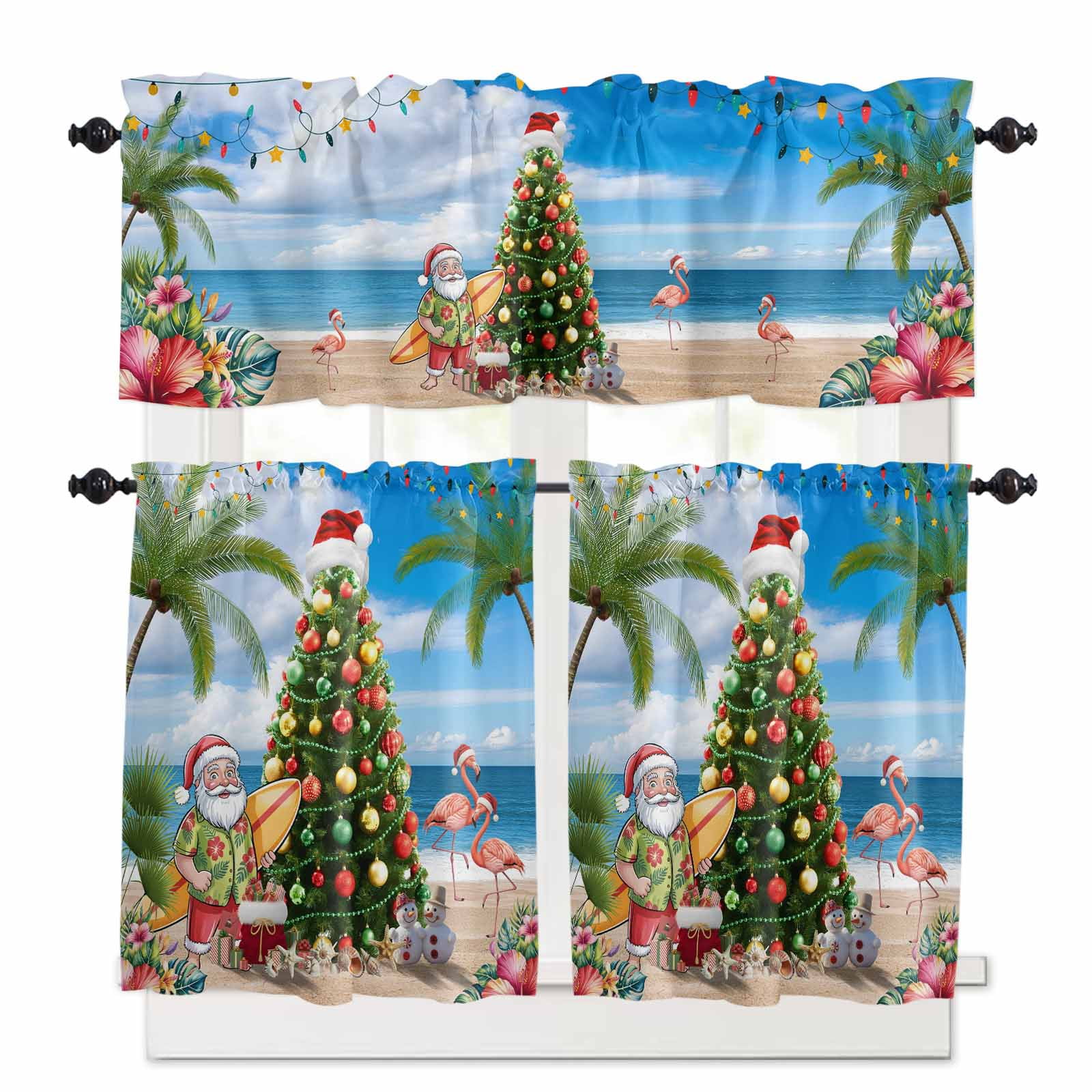 Coastal Christmas Tree Kitchen Curtains and Valances Set, Xmas Santa ...