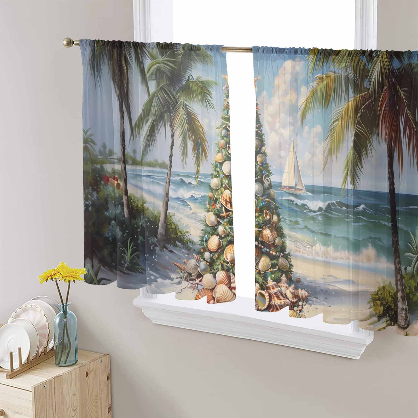 Coastal Christmas Tree Sheer Curtains 54 Inches Length 2 Panels Set ...