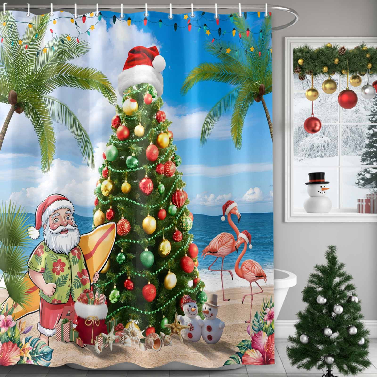 Coastal Christmas Tree Shower Curtain Xmas Santa Flaming Bird Coconut ...