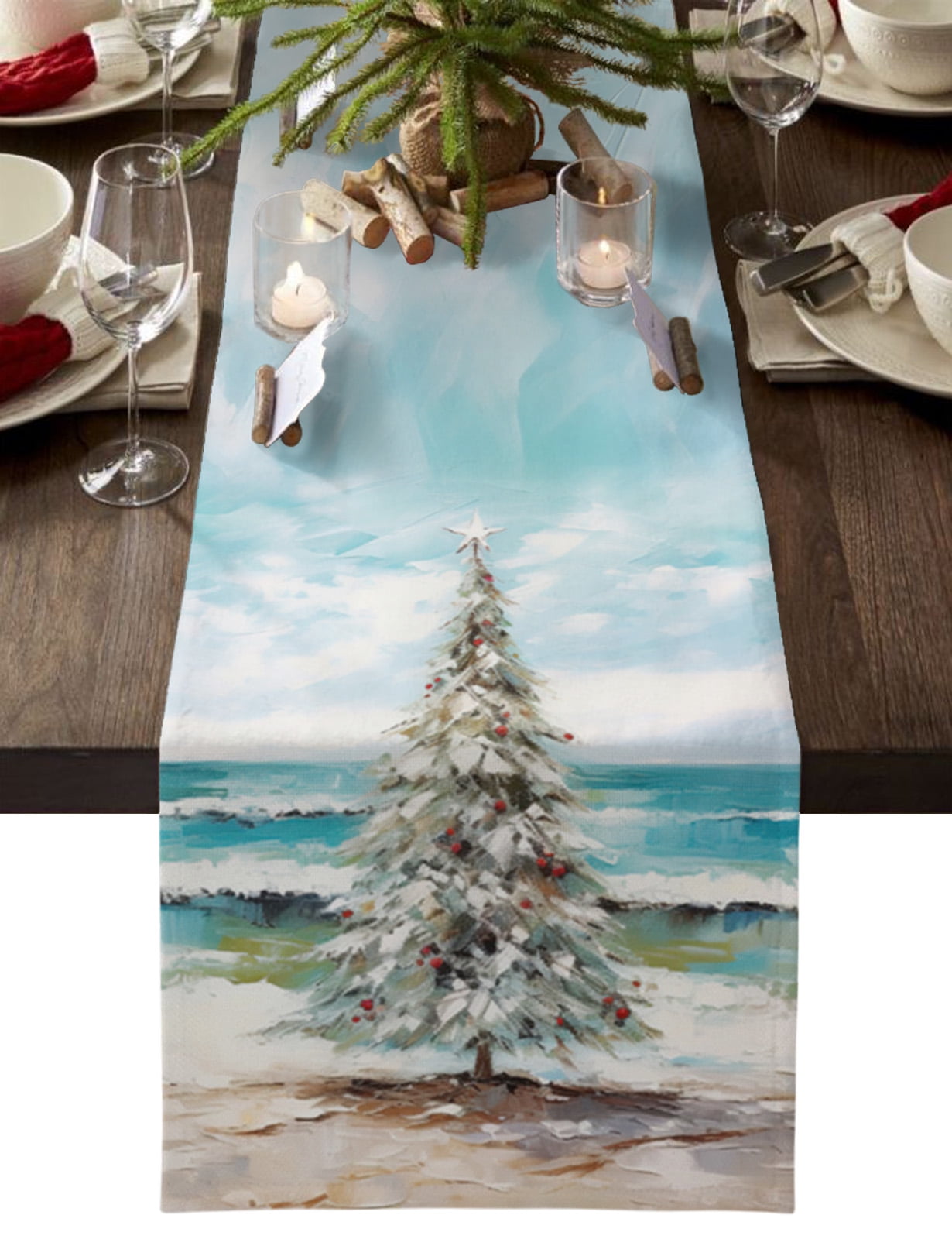 Coastal Christmas Tree Table Runner Modern Oil Painting Beach Xmas Tree ...