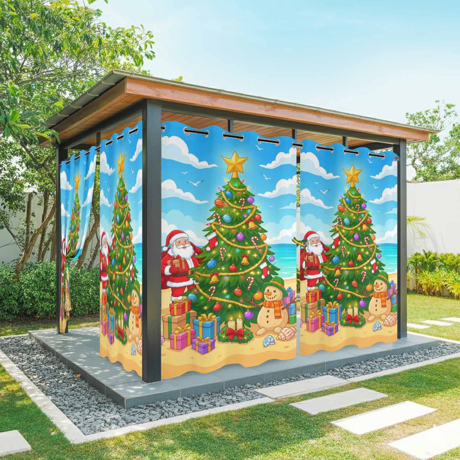 Coastal Christmas Trees Outdoor Curtains for Patio Waterproof, Grommet ...