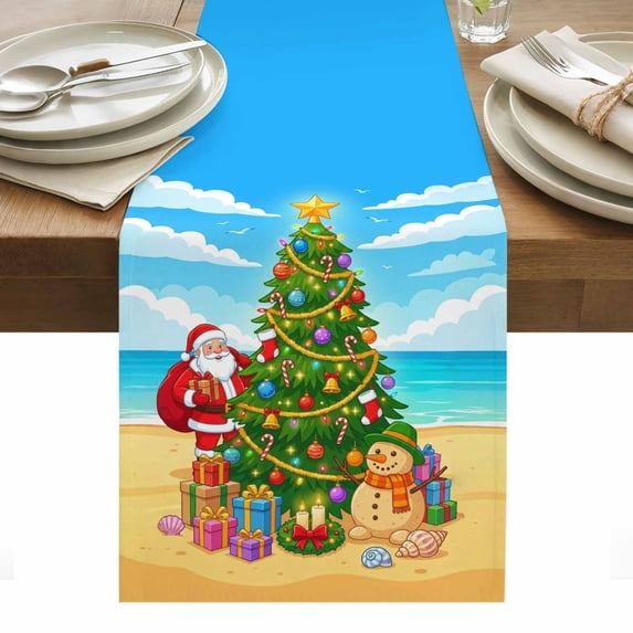 Coastal Christmas Trees Table Runner Winter Xmas Santa Snowman Beach ...