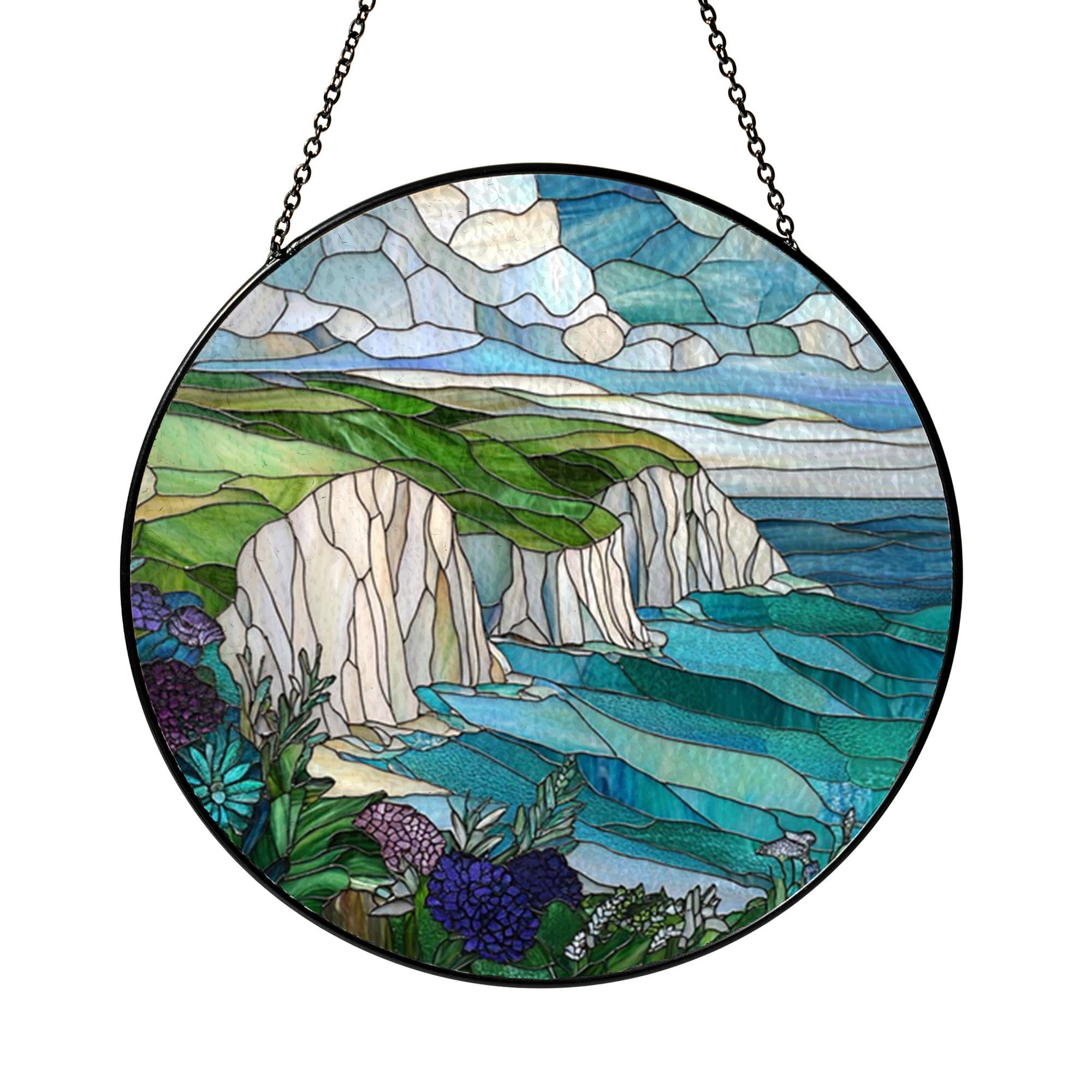 Coastal Cliff Stained Glass Style Suncatcher, Fantasy Ocean Landscape ...