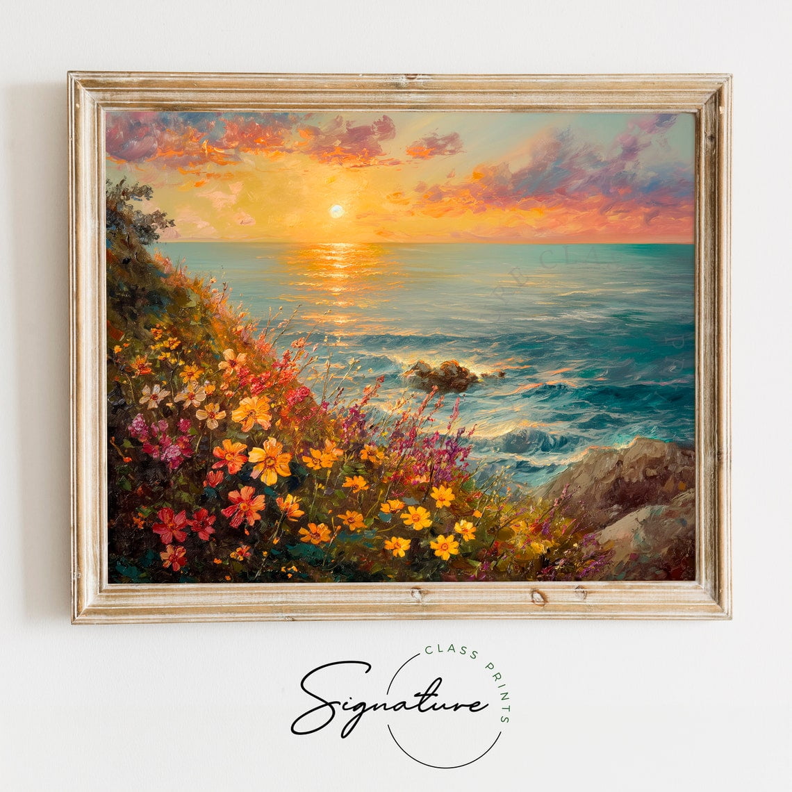 Coastal Cliff At Sunset With Wildflowers, Scenic Seaside Art, Tranquil ...