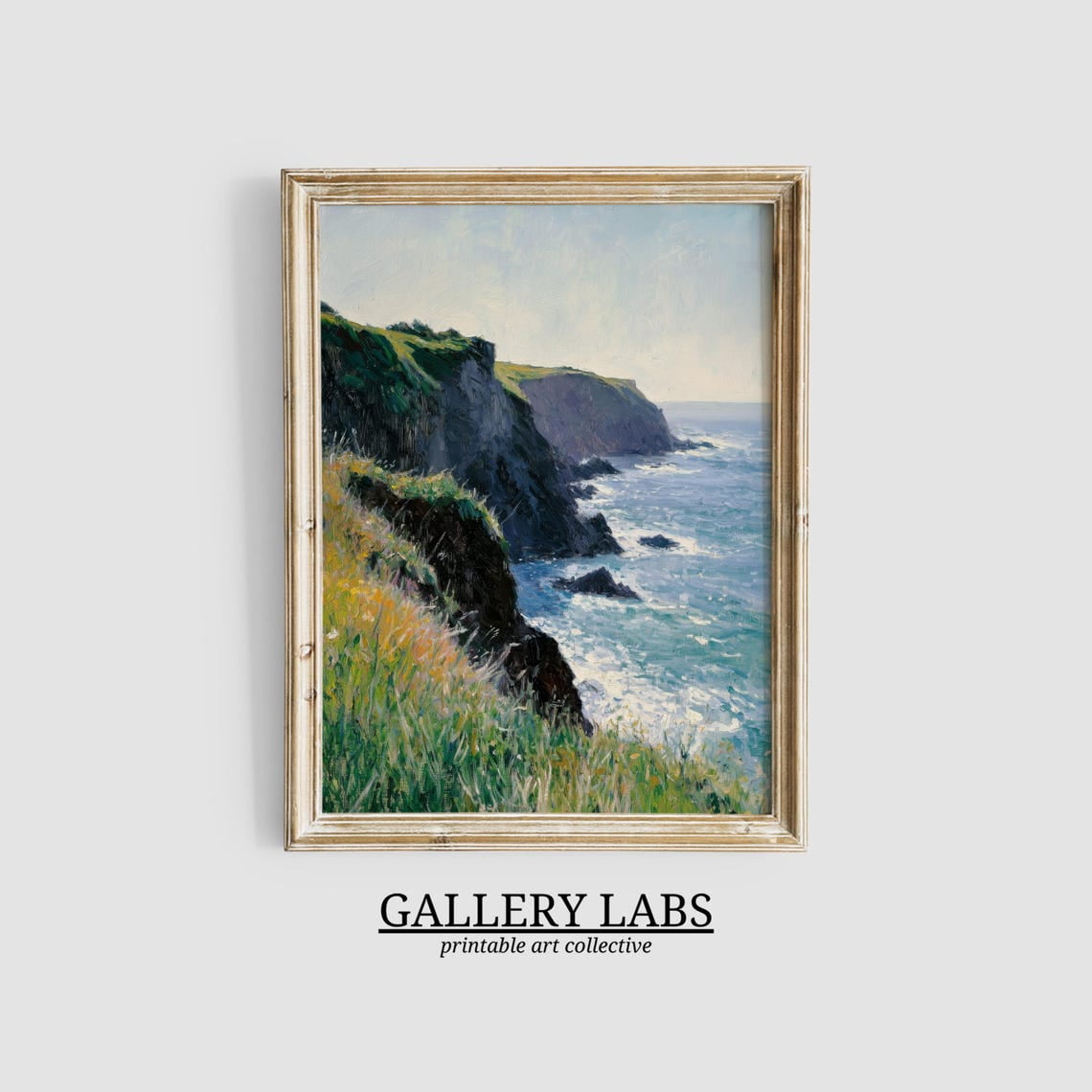 Coastal Cliffs Oil Painting • Moody Landscape Wall Art • Vintage Bathroom Decor • Summer Seaside ...