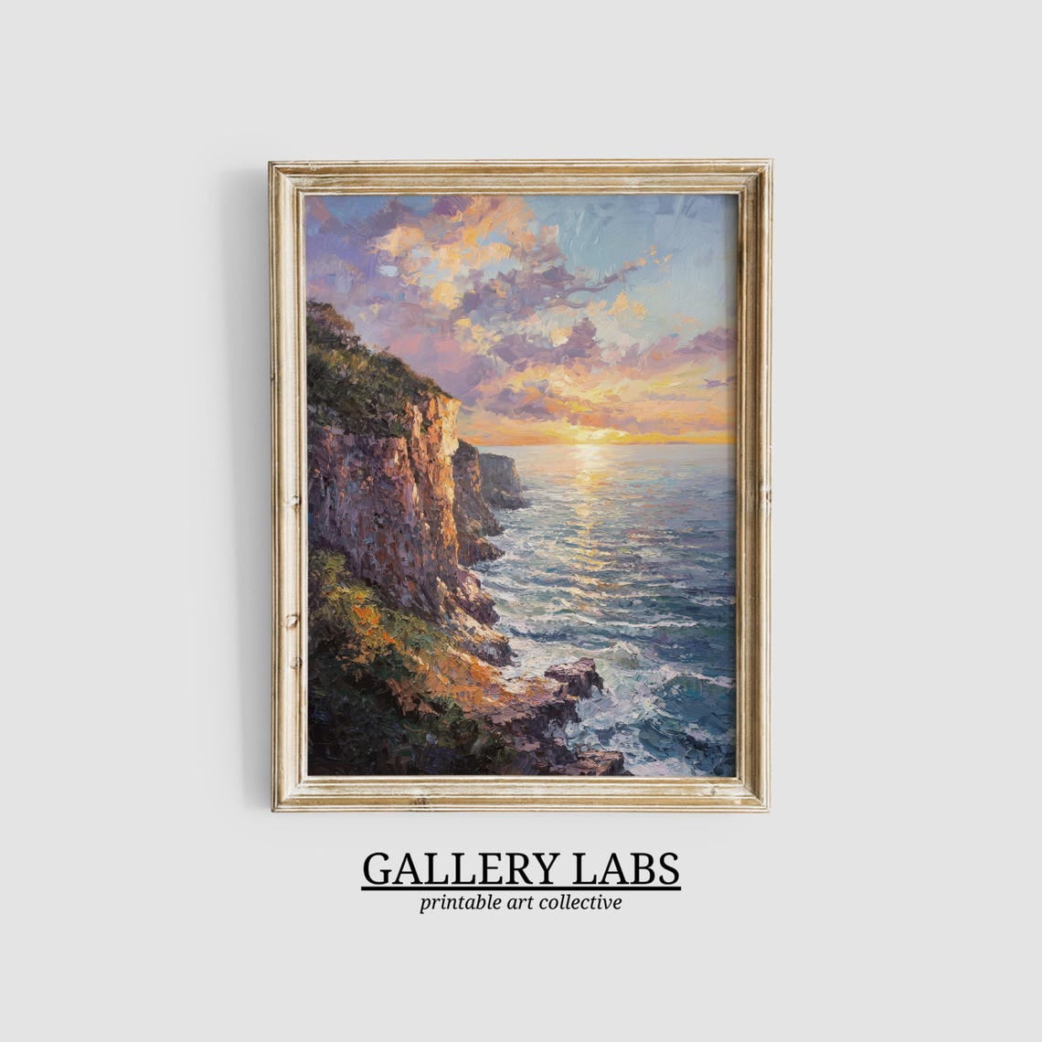 Coastal Cliffs Oil Painting • Soft Sunset Wall Art • Vintage Bathroom Decor • Summer Seaside Art ...