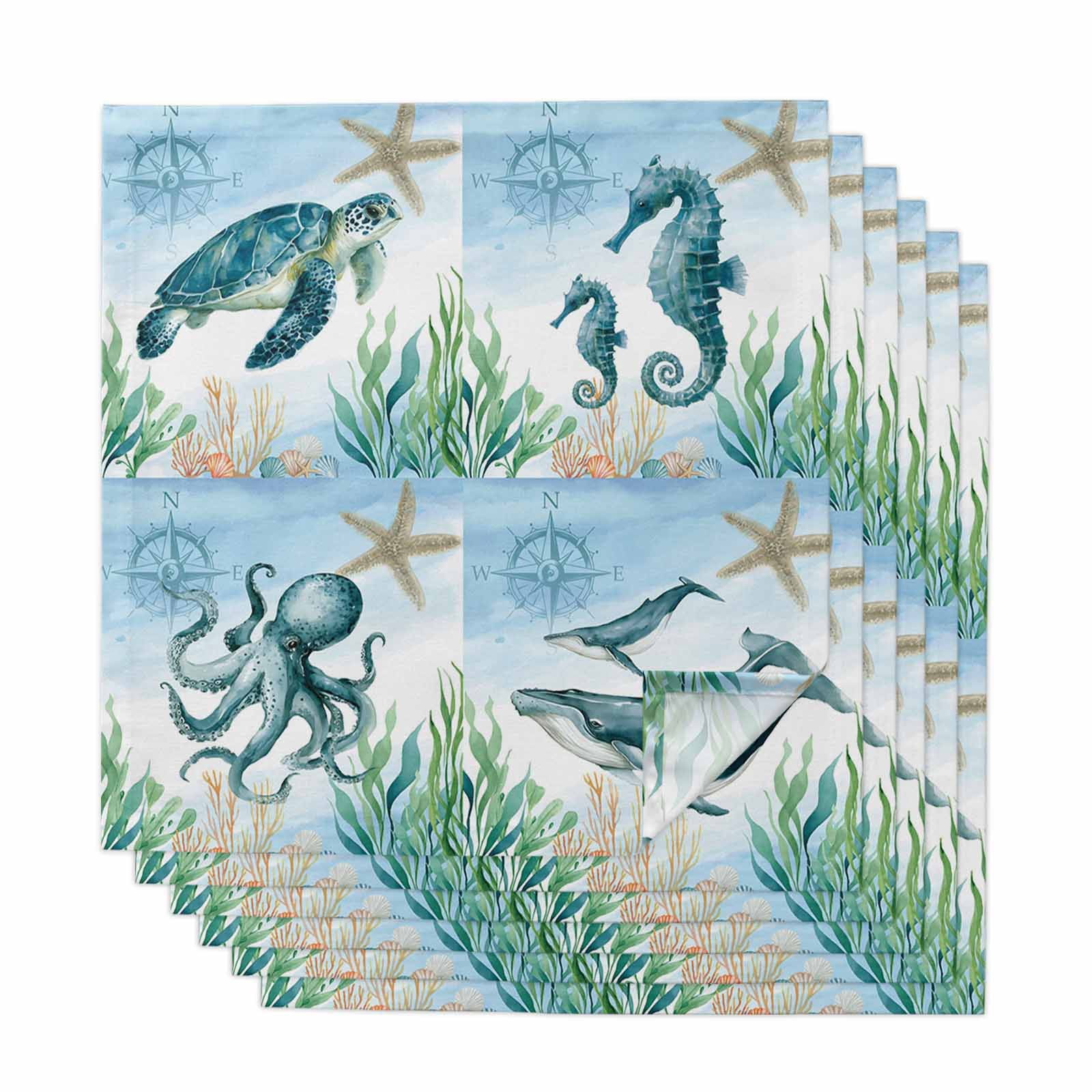Coastal Cloth Napkins, Ocean Turtle Seahorse Octopus Whale Beach ...