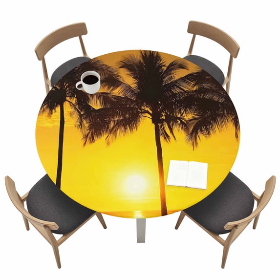 Coastal Coconut Tree Fitted Tablecloth with Elastic Edged, Round Table ...