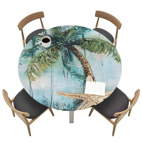 Coastal Coconut Tree Round Fitted Tablecloth with Elastic Edge Starfish ...