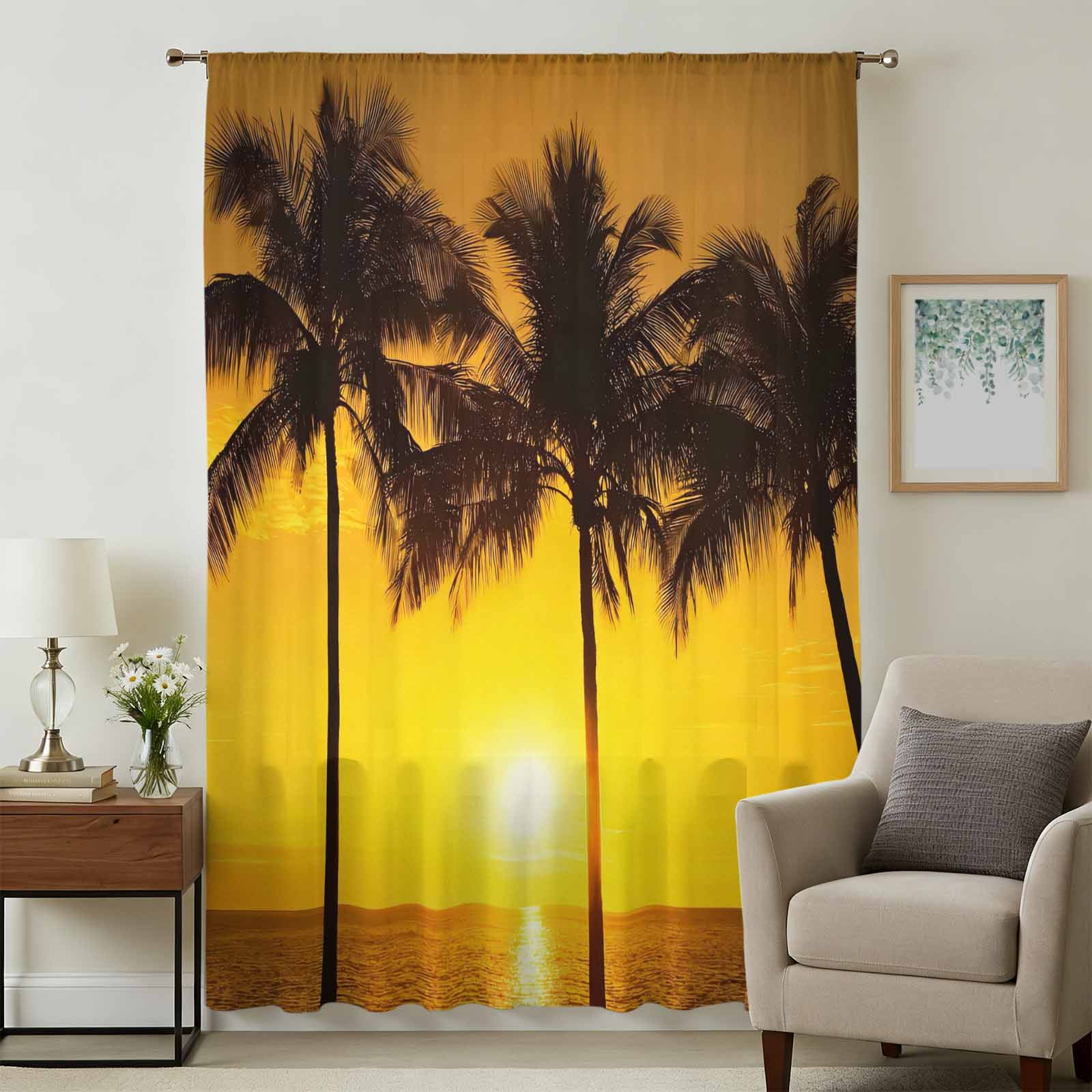Coastal Coconut Tree Sheer Curtains 63 Inches Long, Ocean Beach Palm ...