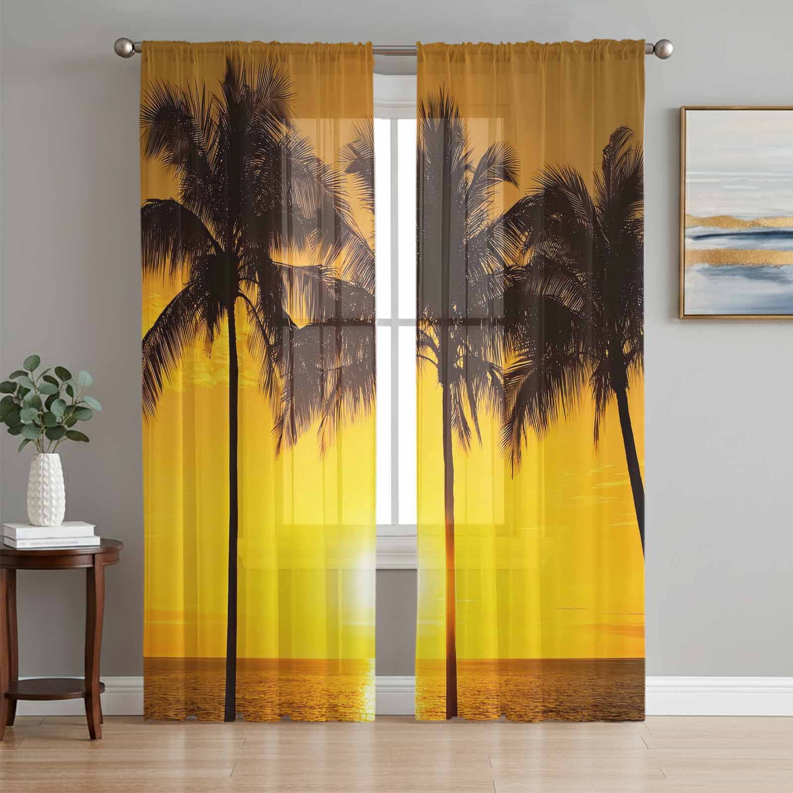 Coastal Coconut Tree Sheer Curtains 72 Inch Length 2 Panels for Living ...