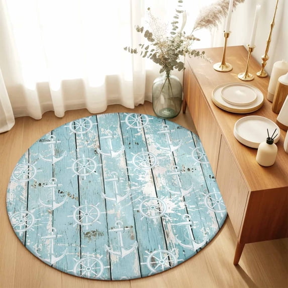 Coastal Compass Anchor Seamless Round Rug 3ft Nautical Shabby Wood ...