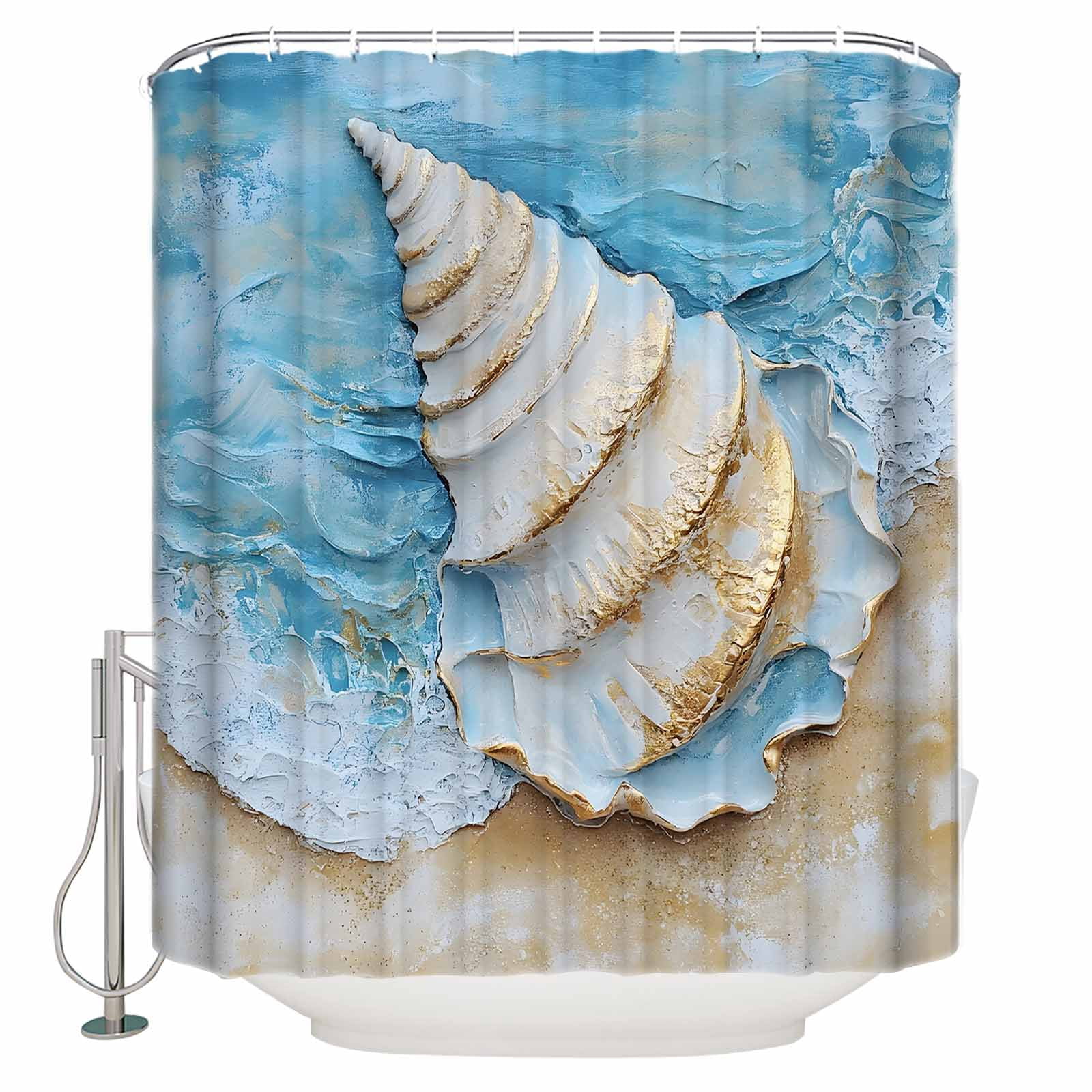 Coastal Conch Bathroom Shower Curtains with 12 Hooks Polyester ...