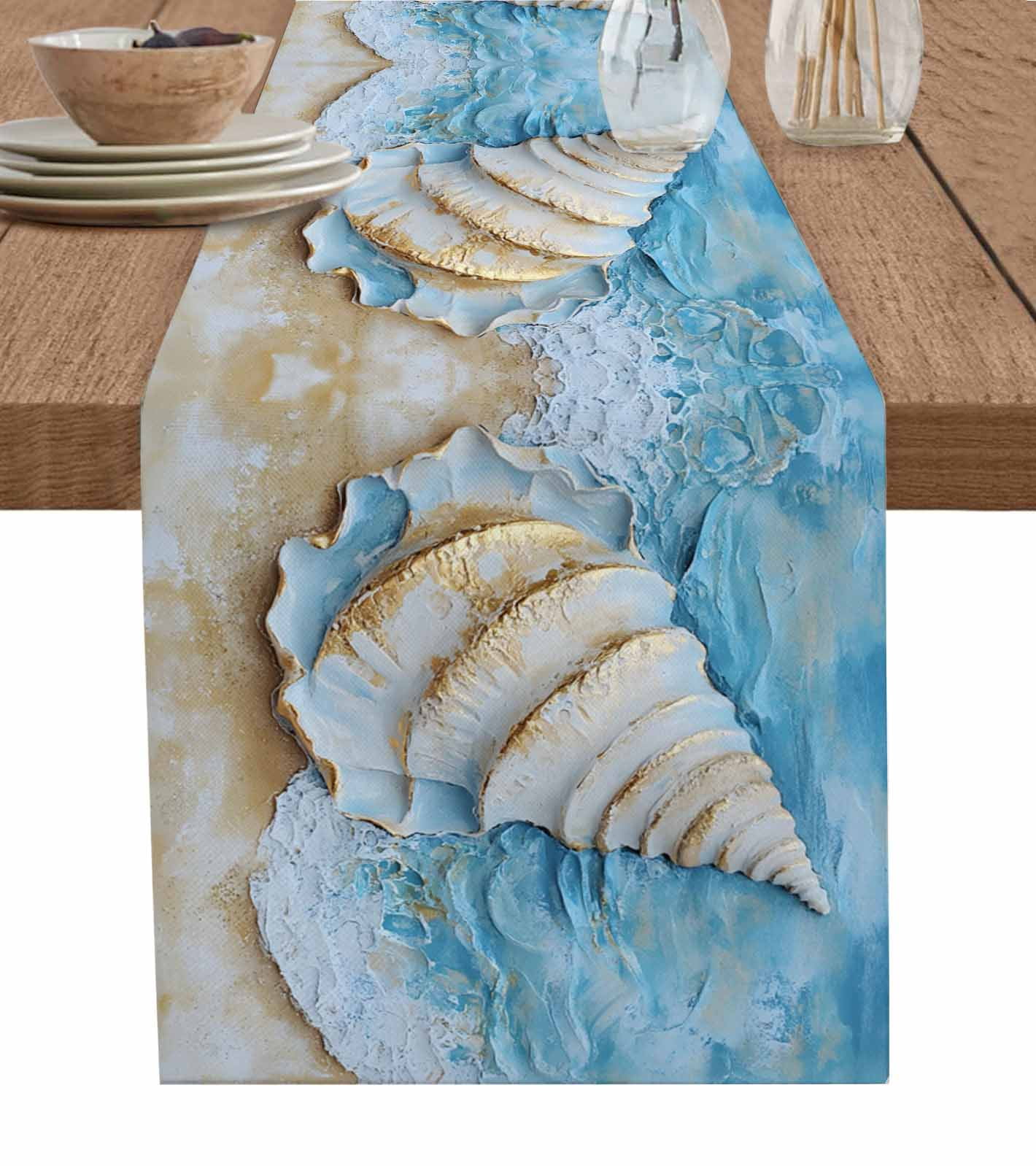 Coastal Conch Burlap Cotton Table Runner 13x120 Inches Long, Summer Beach Seaside Nautical Blue ...
